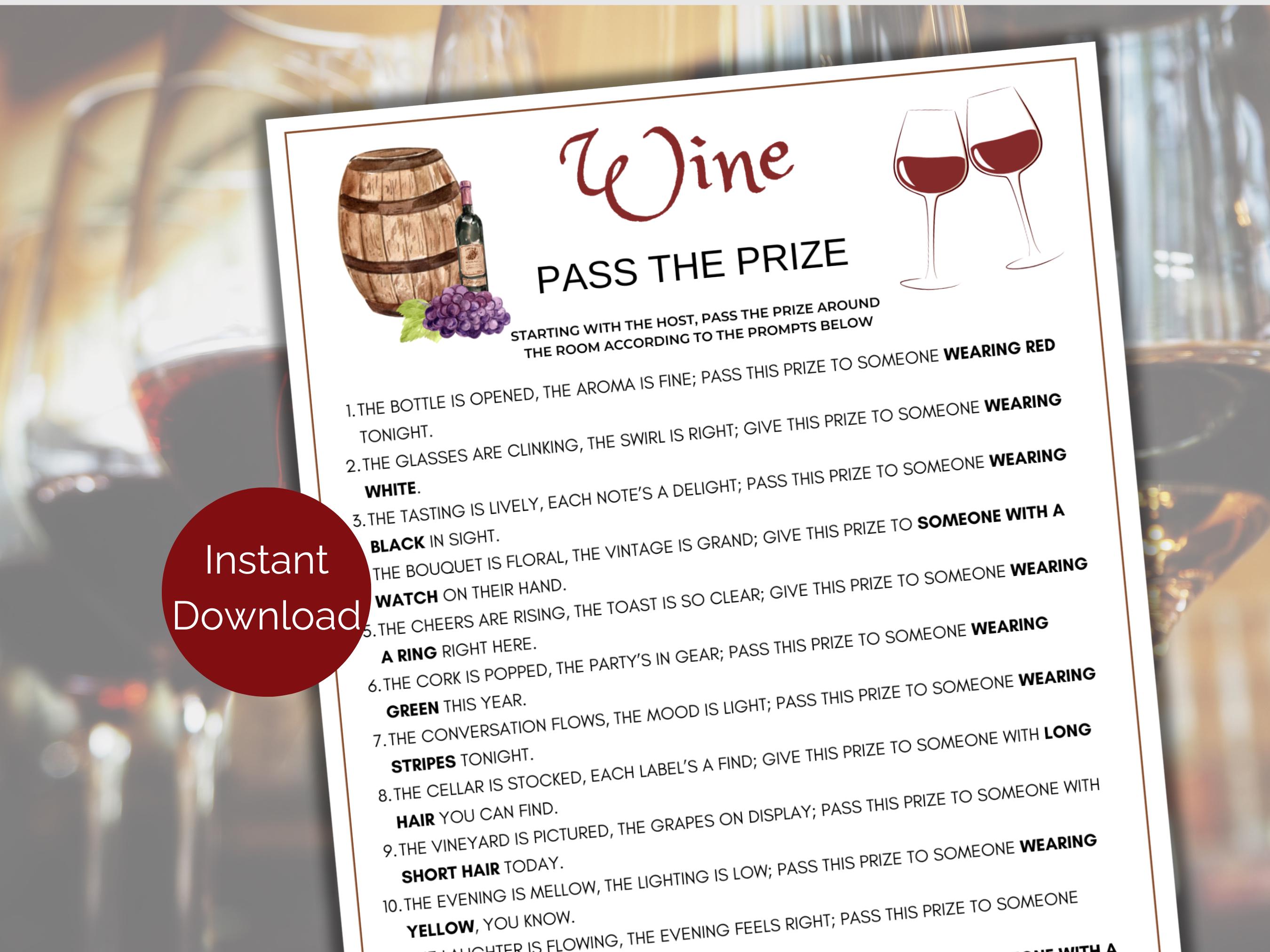 Wine Pass the Prize, Printable Wine Pass the Parcel Game, Wine Party ...