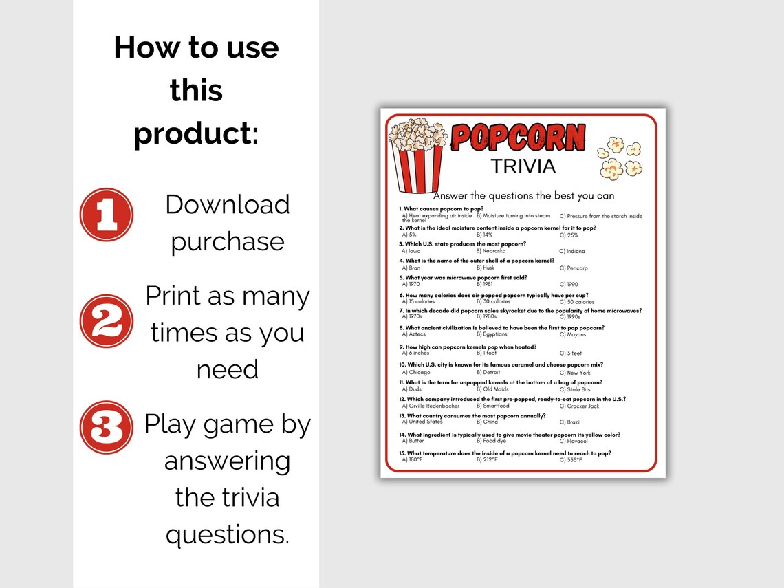 Popcorn Trivia Game, Popcorn Quiz, Printable Popcorn Game for Kids and ...