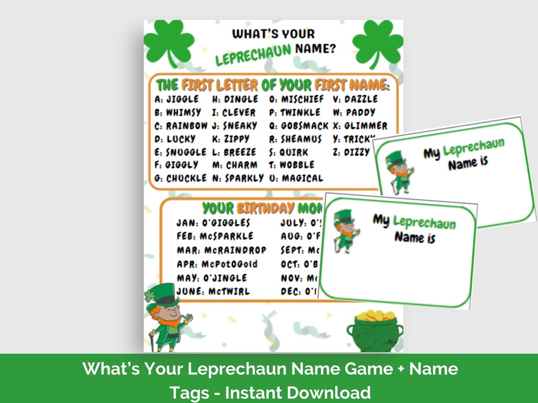 What's Your Leprechaun Name Game + Name Tags, St Patricks Day Name Game ...