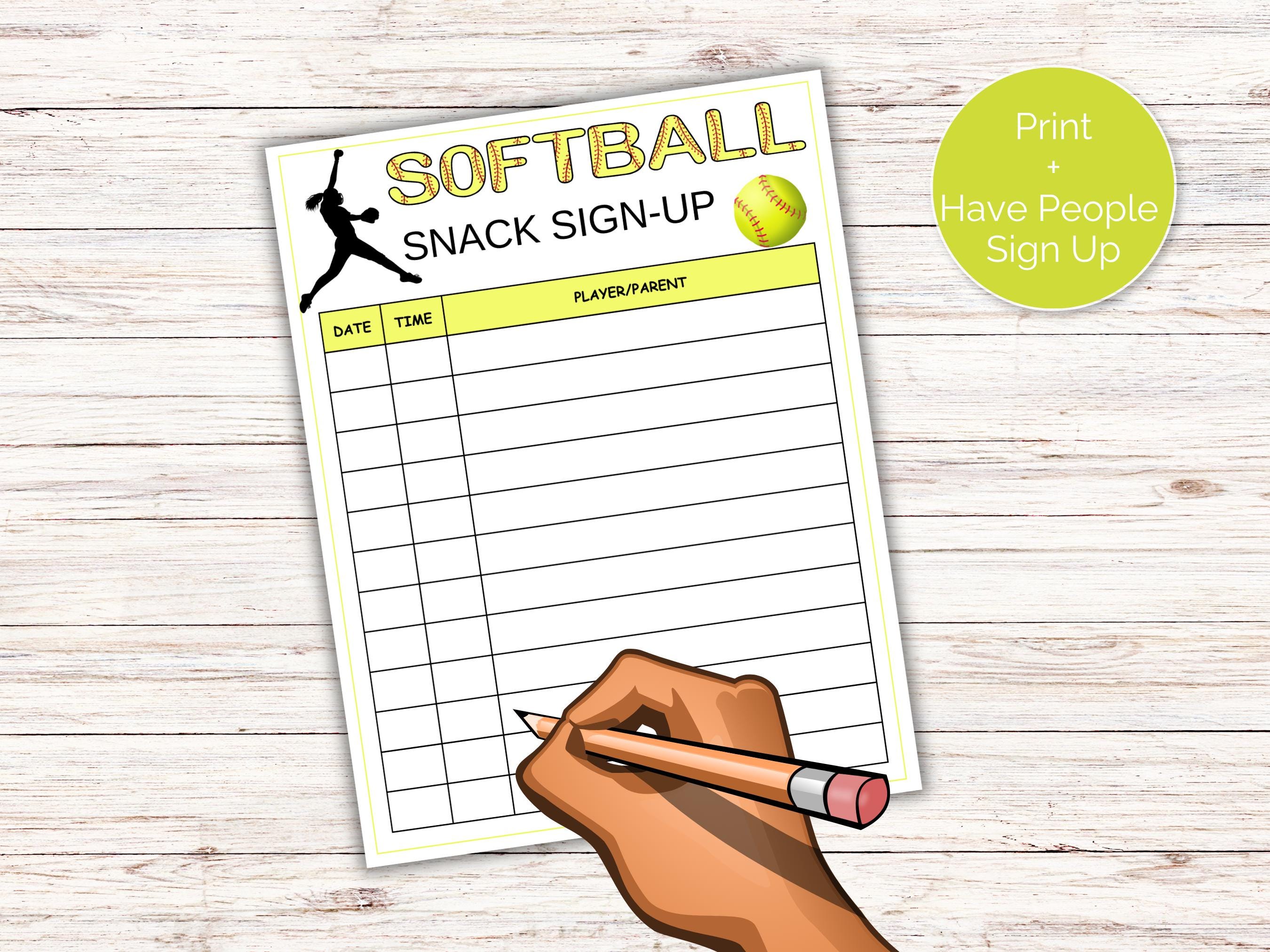 Softball Snack Sign up Sheet, Printable Softball Snack Calendar ...