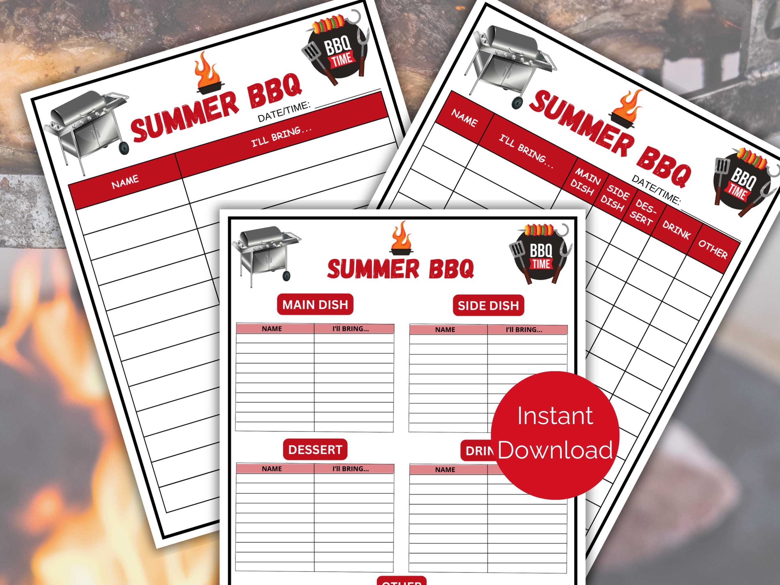Summer BBQ Sign up Sheet, Printable Summer Cookout Sign up Form, Summer ...