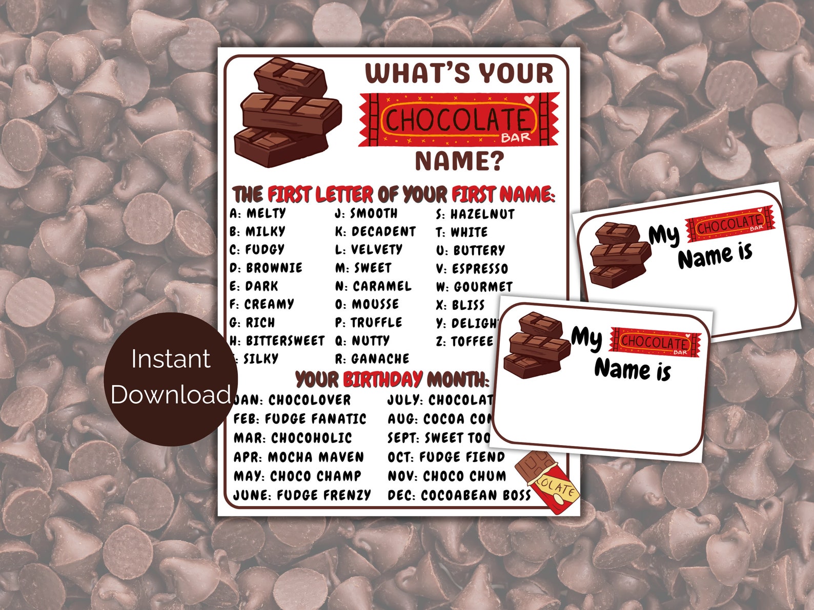 What's Your Chocolate Name Game + Name Tags, Chocolate Party Activity ...