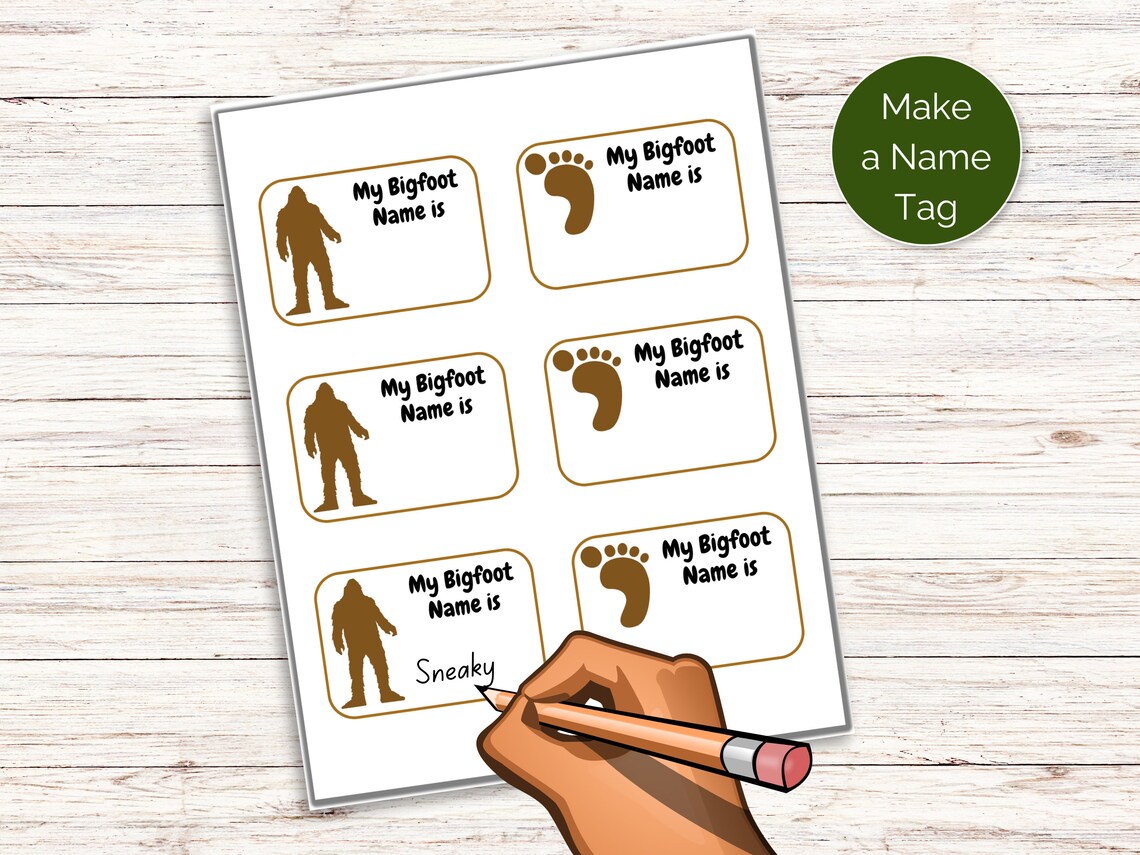 What's Your Bigfoot Name Game + Name Tags, Bigfoot Party Printable ...