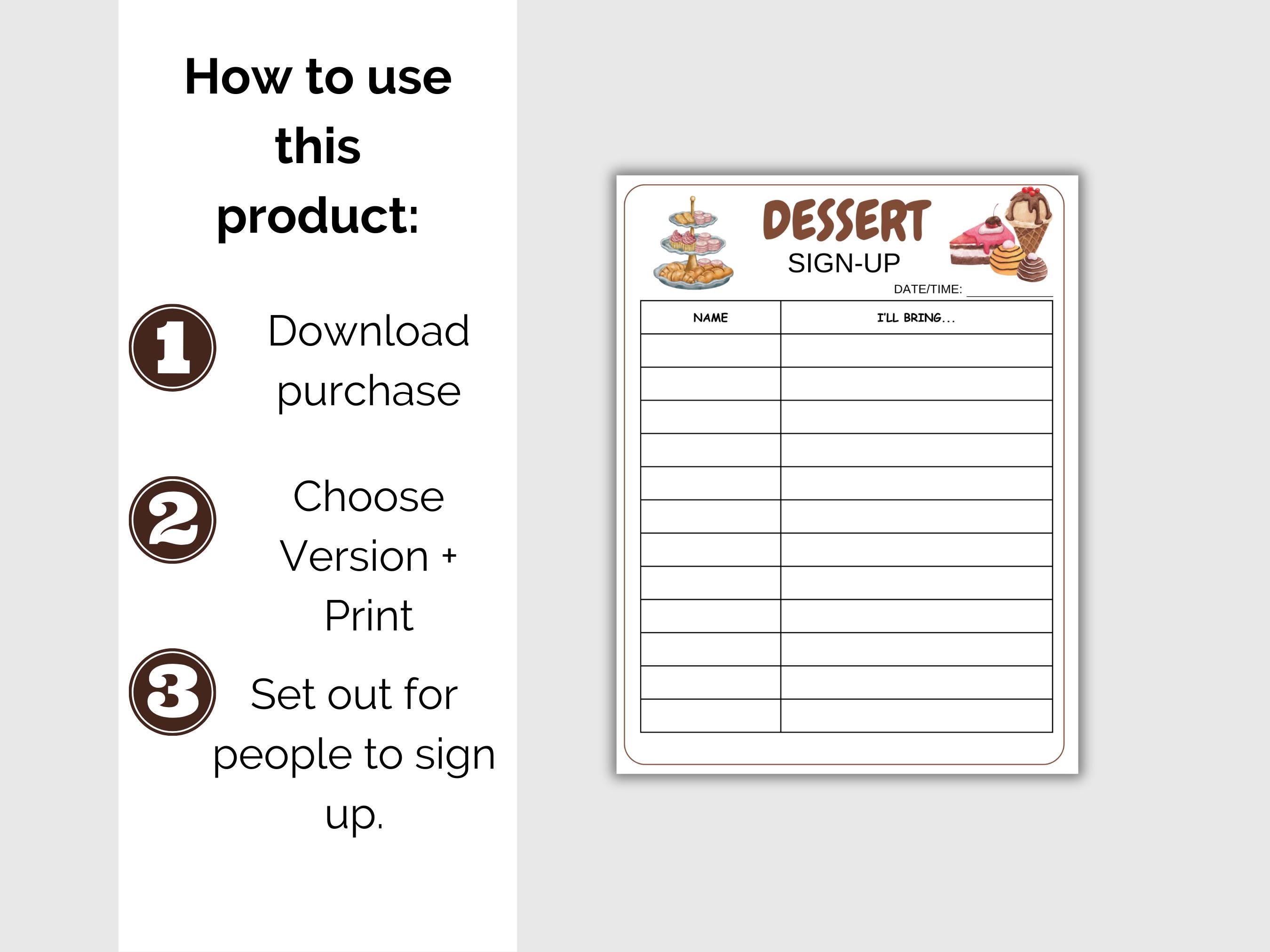 Dessert Sign up Sheet, Printable Dessert Potluck Sign up Form, Dessert ...
