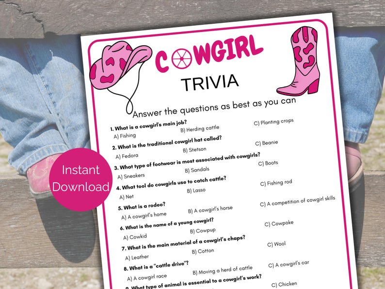 Cowgirl Trivia Game, Printable Cowgirl Trivia, Cowgirl Quiz, Cowgirl ...
