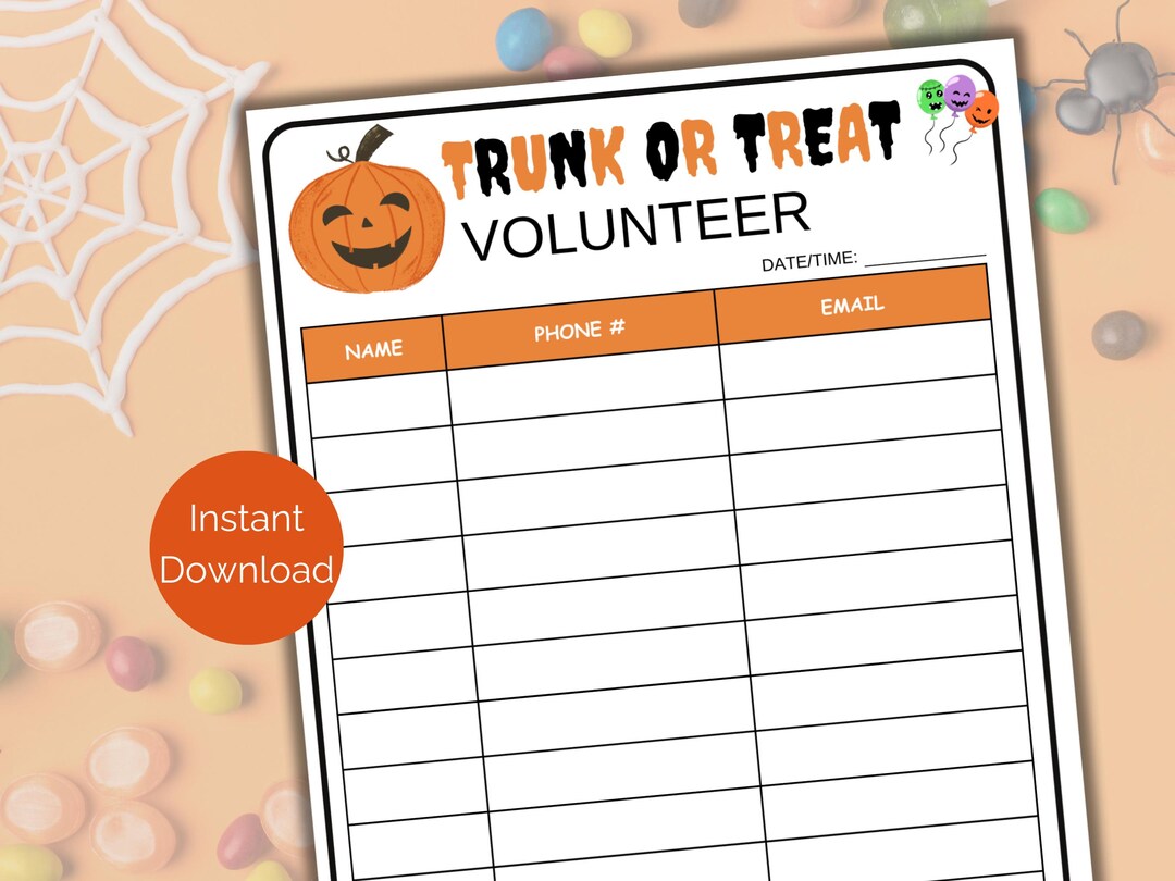 Trunk or Treat Volunteer Sign up Sheet, Printable Halloween Trunk or ...