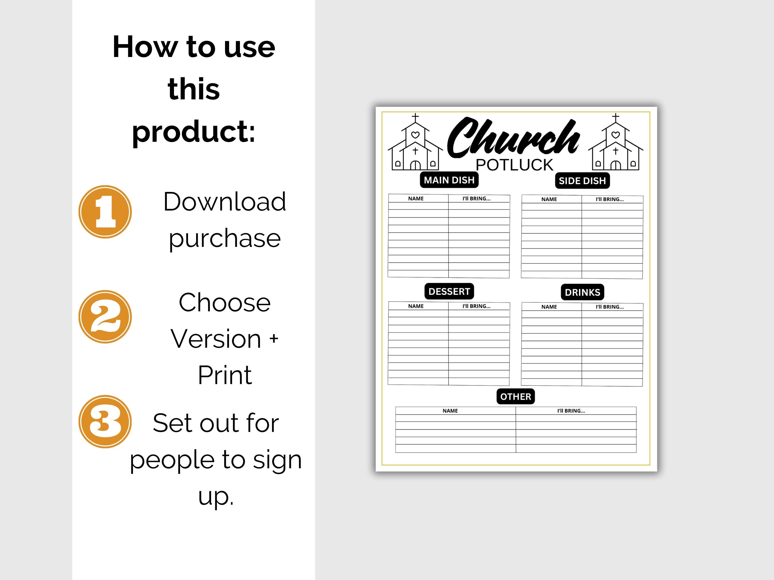 Church Potluck Sign up Sheet, Printable Church Party Potluck Sign up ...