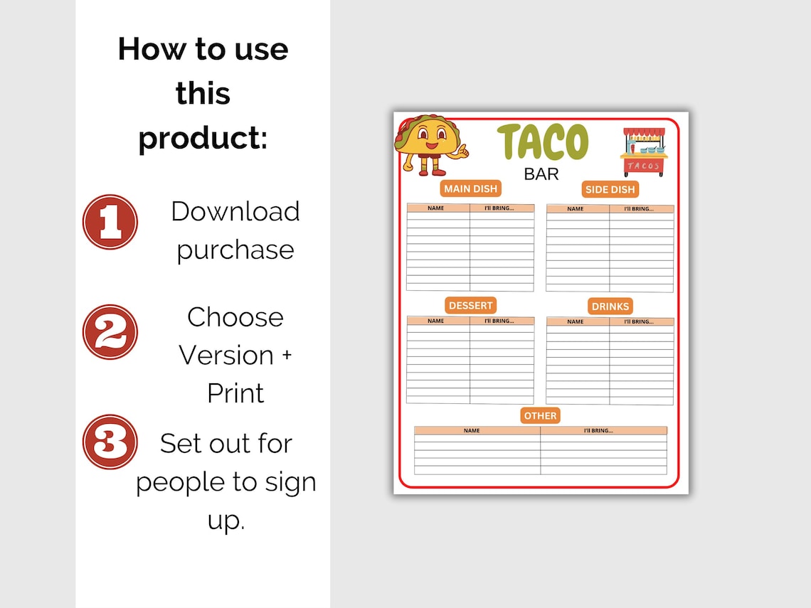 Taco Bar Sign up Sheet, Printable Mexican Fiesta Potluck Party Signup ...