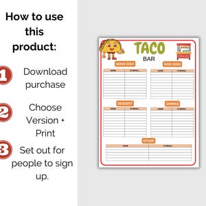 Taco Bar Sign up Sheet, Printable Mexican Fiesta Potluck Party Signup ...