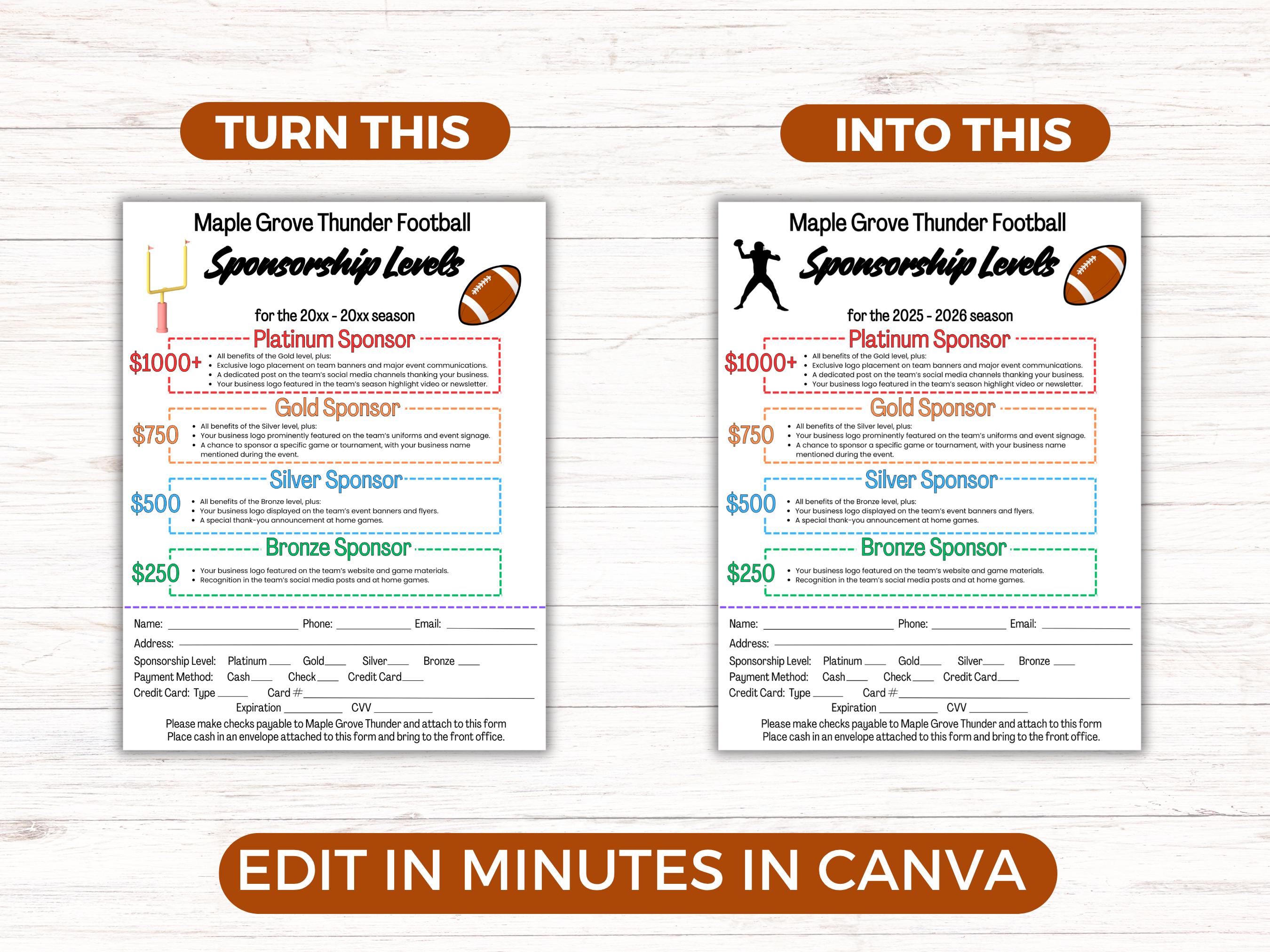 EDITABLE Football Sponsorship Levels Flyer Template, Football Team ...