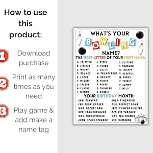 What's Your Bowling Name Game + Name Tags, Bowling Birthday Party Game ...
