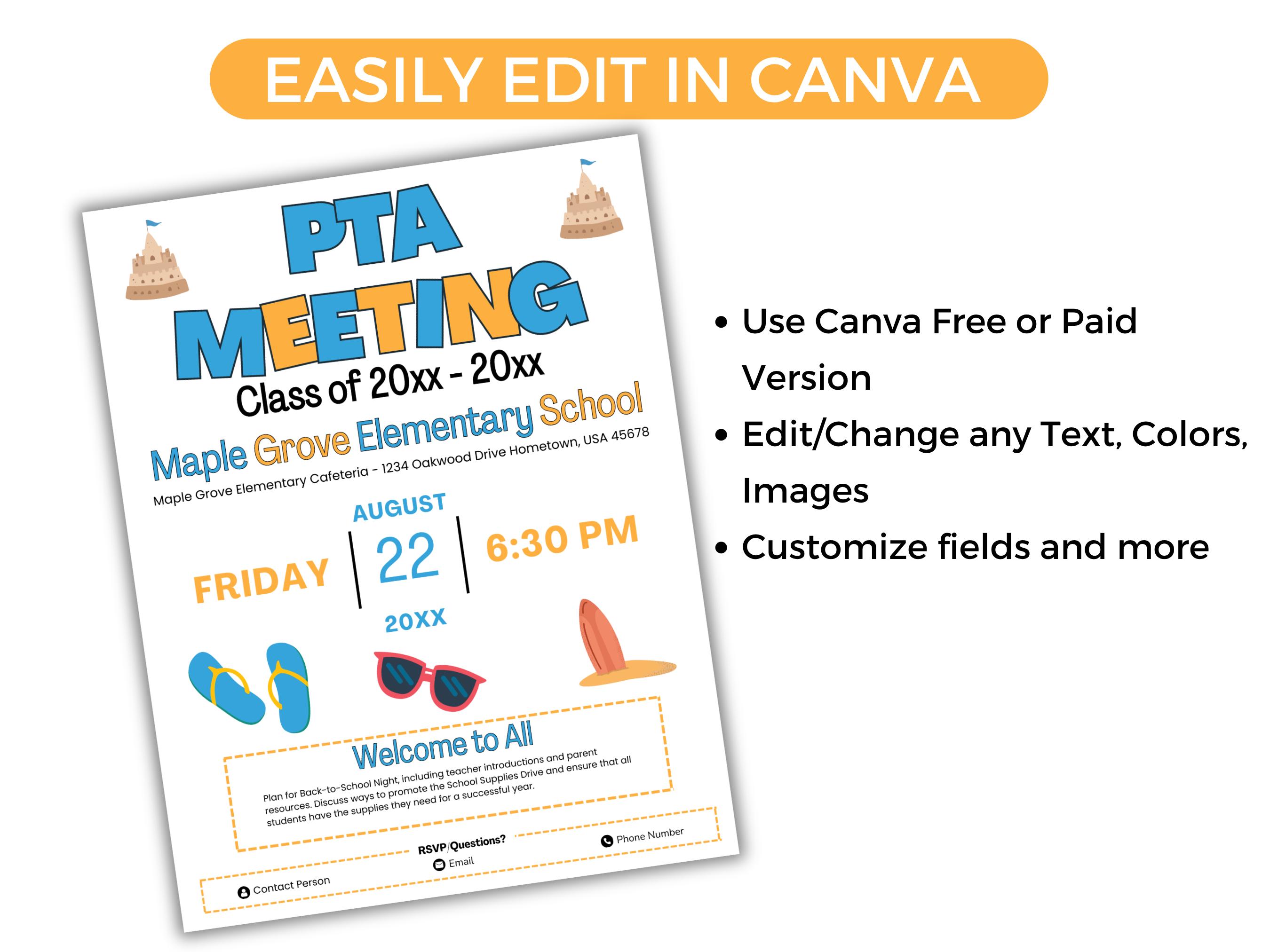 EDITABLE PTO PTA August Meeting Flyer Template, Pta Information Meeting ...
