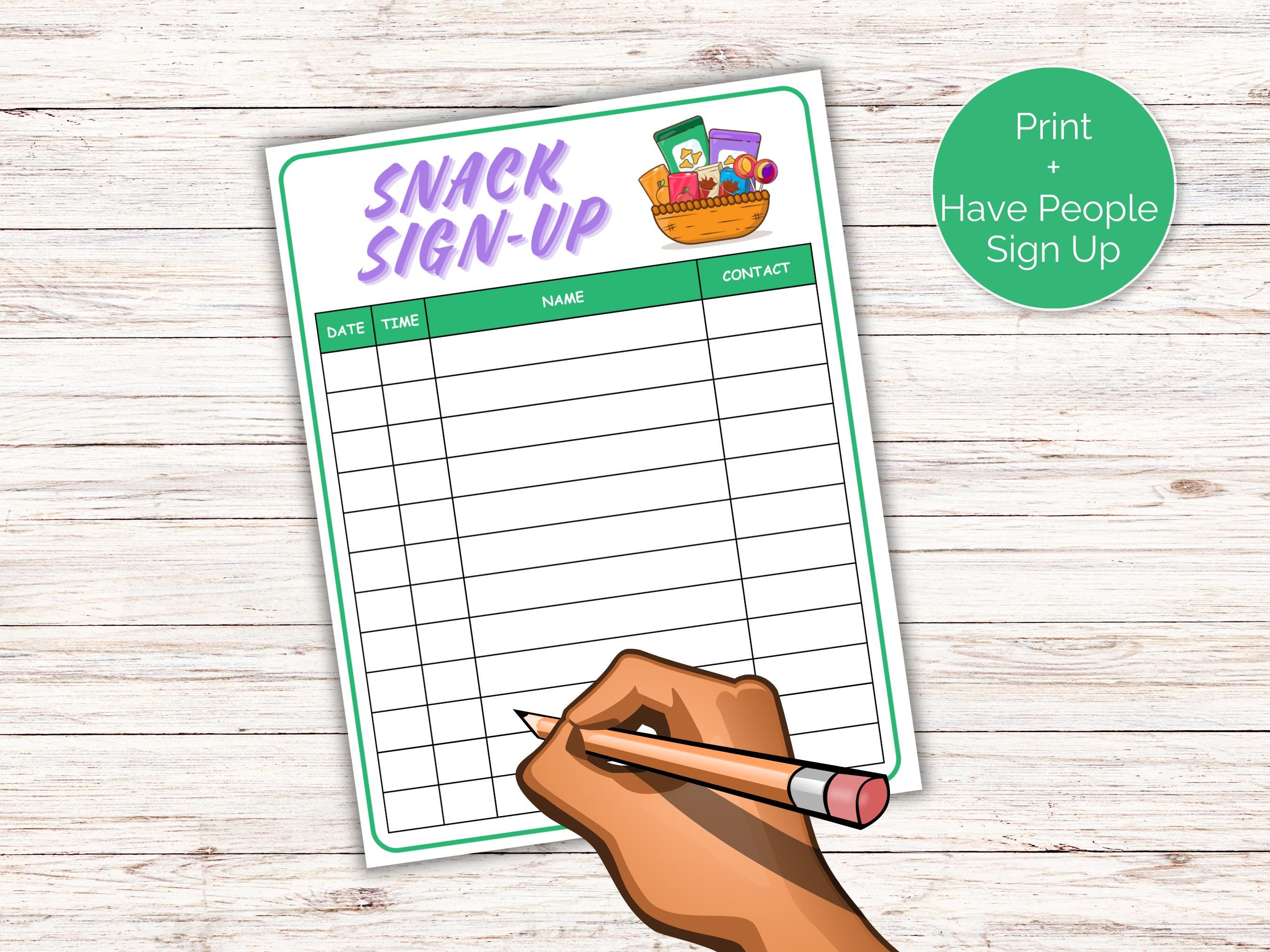 Snack Sign up Sheet, Printable Snack Schedule, Game Day Snack Schedule ...
