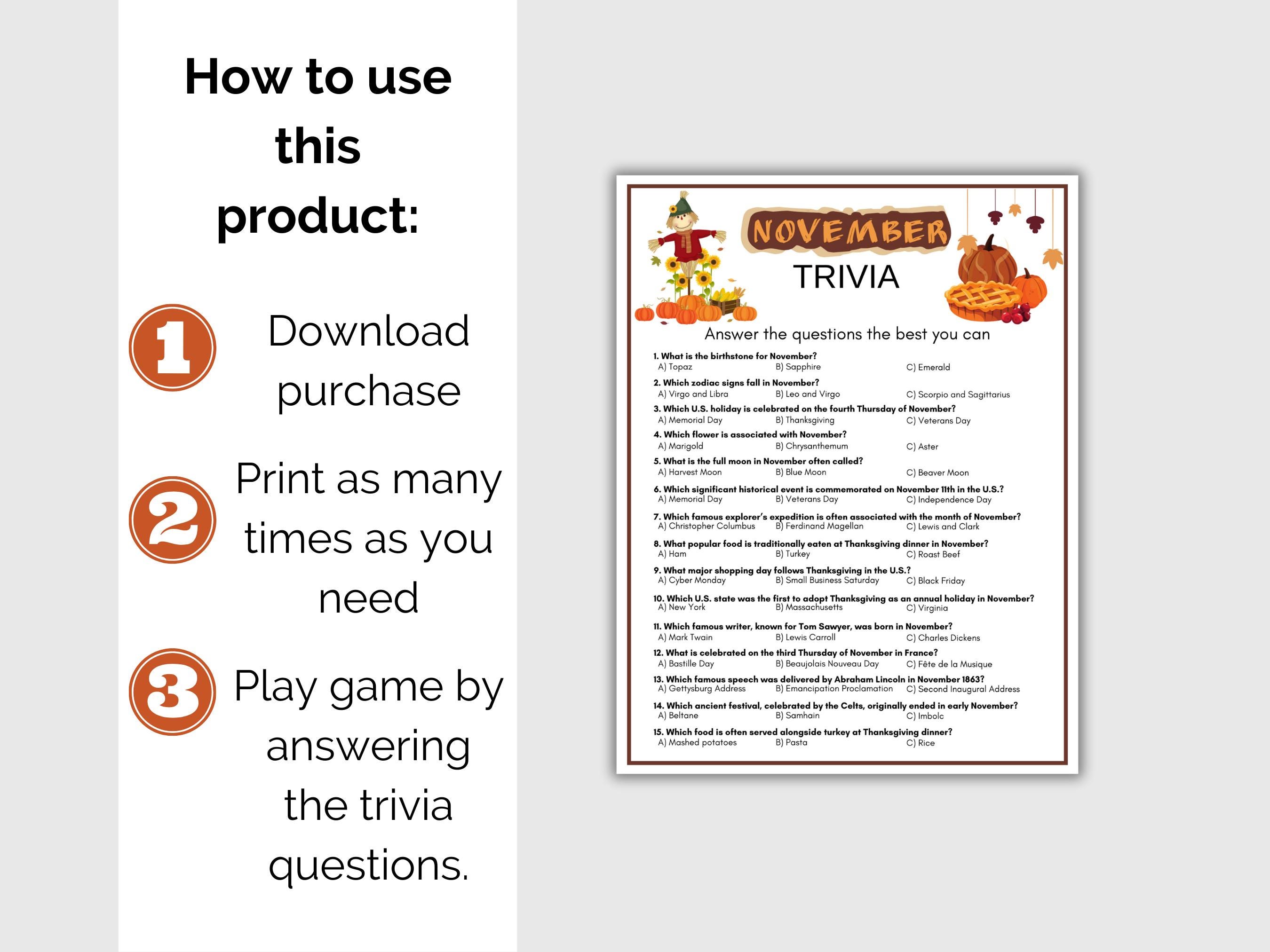 November Trivia Game, November Quiz, Fall Activities for Kids and ...