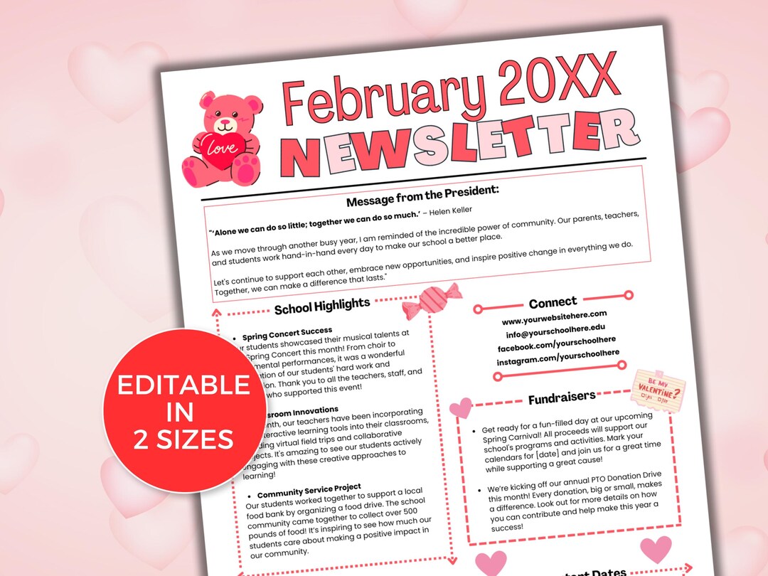 EDITABLE February PTO PTA Newsletter Template, Monthly Class February ...
