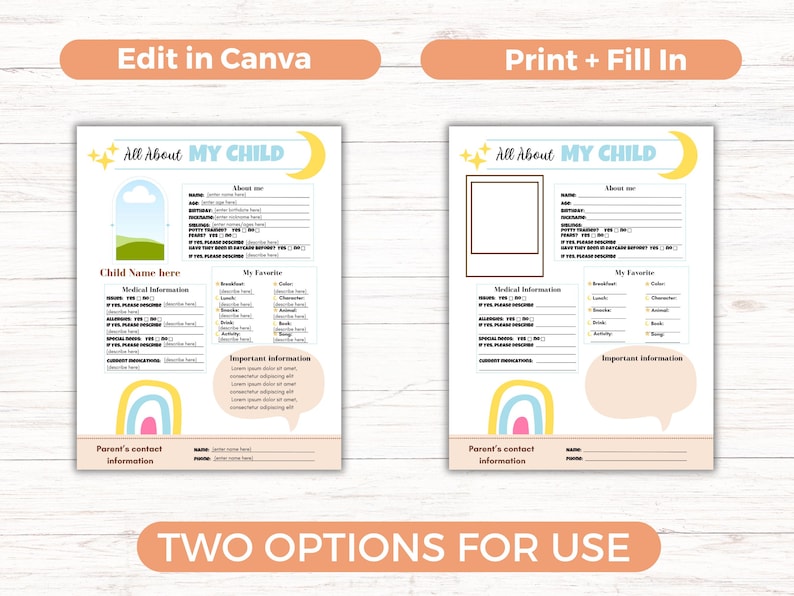 Editable All About My Child Form, Student Information Sheet, Daycare ...