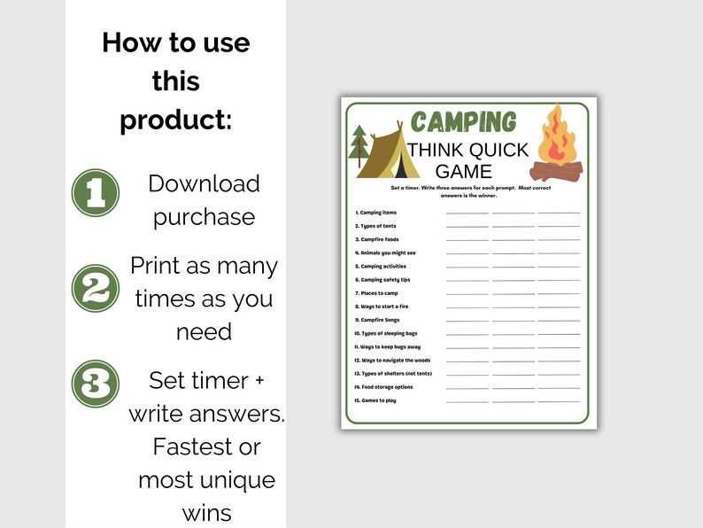 Camping Think Quick, Camping Printable Game, Camping Activity for Kids ...