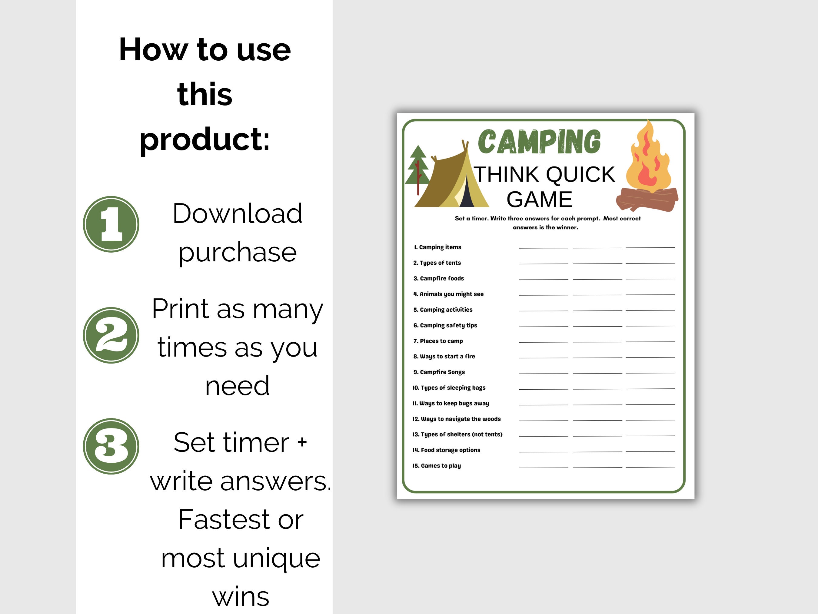 Camping Think Quick, Camping Printable Game, Camping Activity for Kids ...