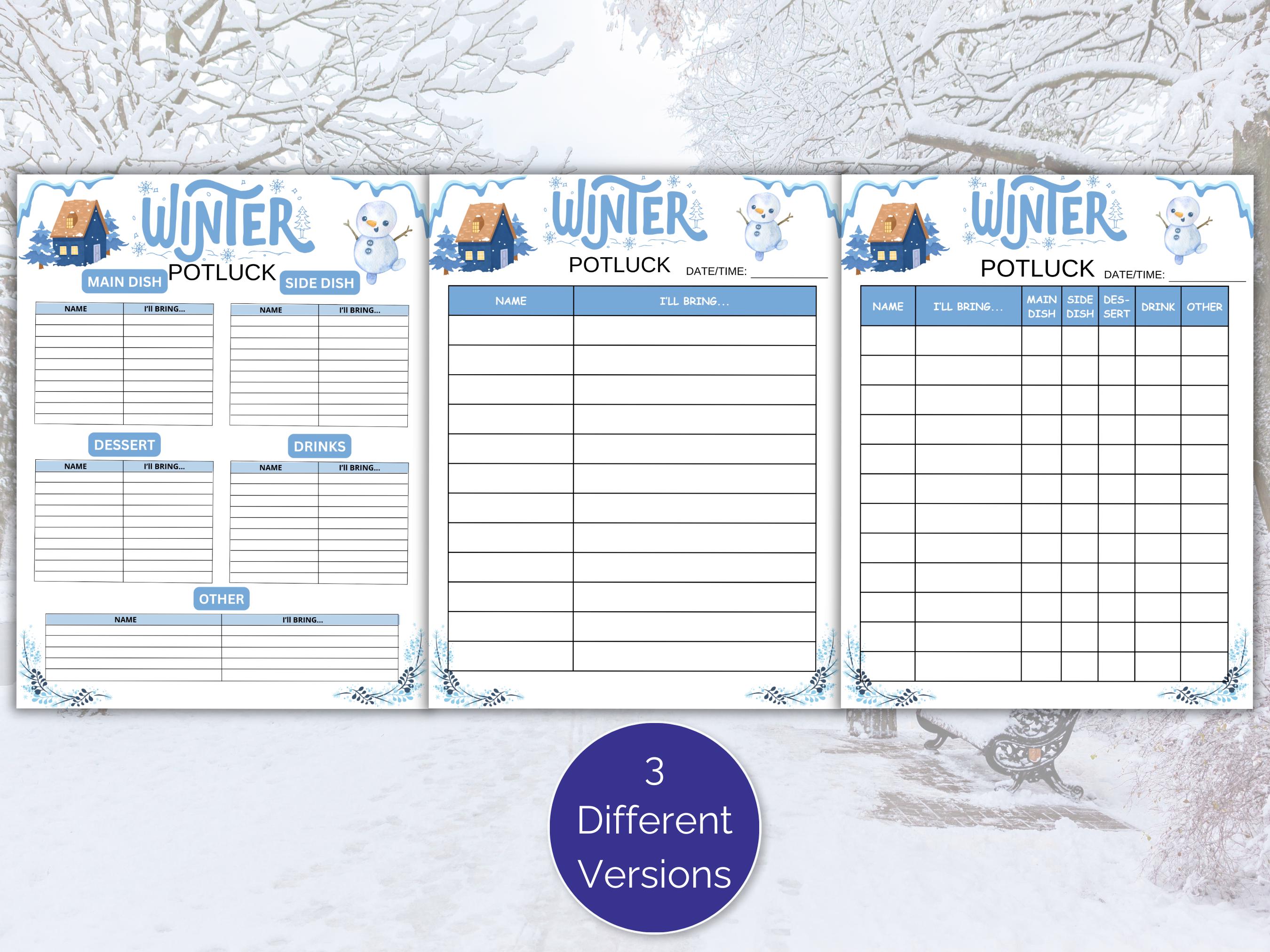 Winter Party Potluck Sign up Sheet, Printable Winter Party Sign up Form ...