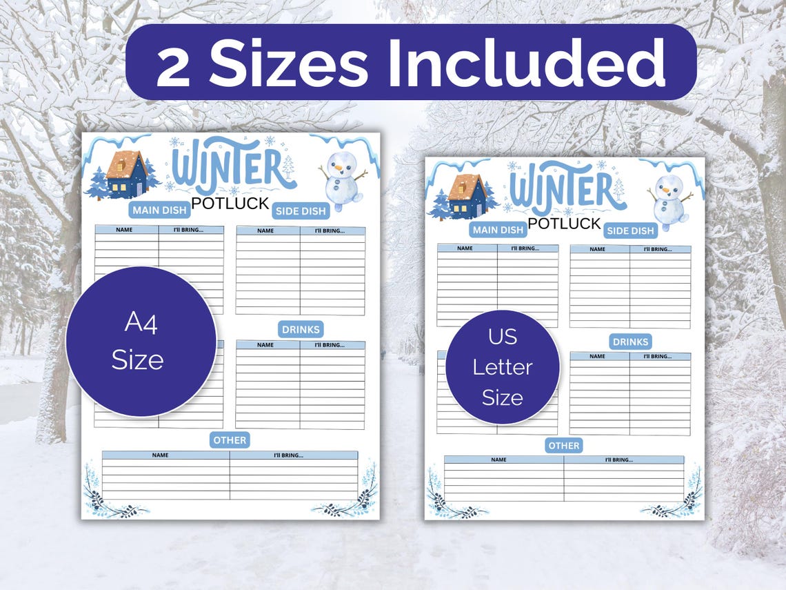 Winter Party Potluck Sign up Sheet, Printable Winter Party Sign up Form ...