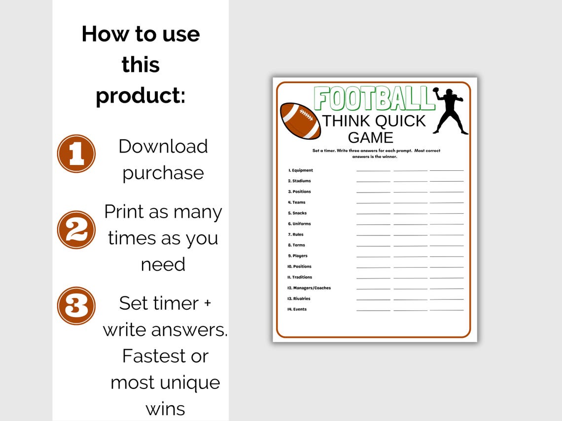 Football Think Quick, Football Party Game, Tailgate Party Activity ...