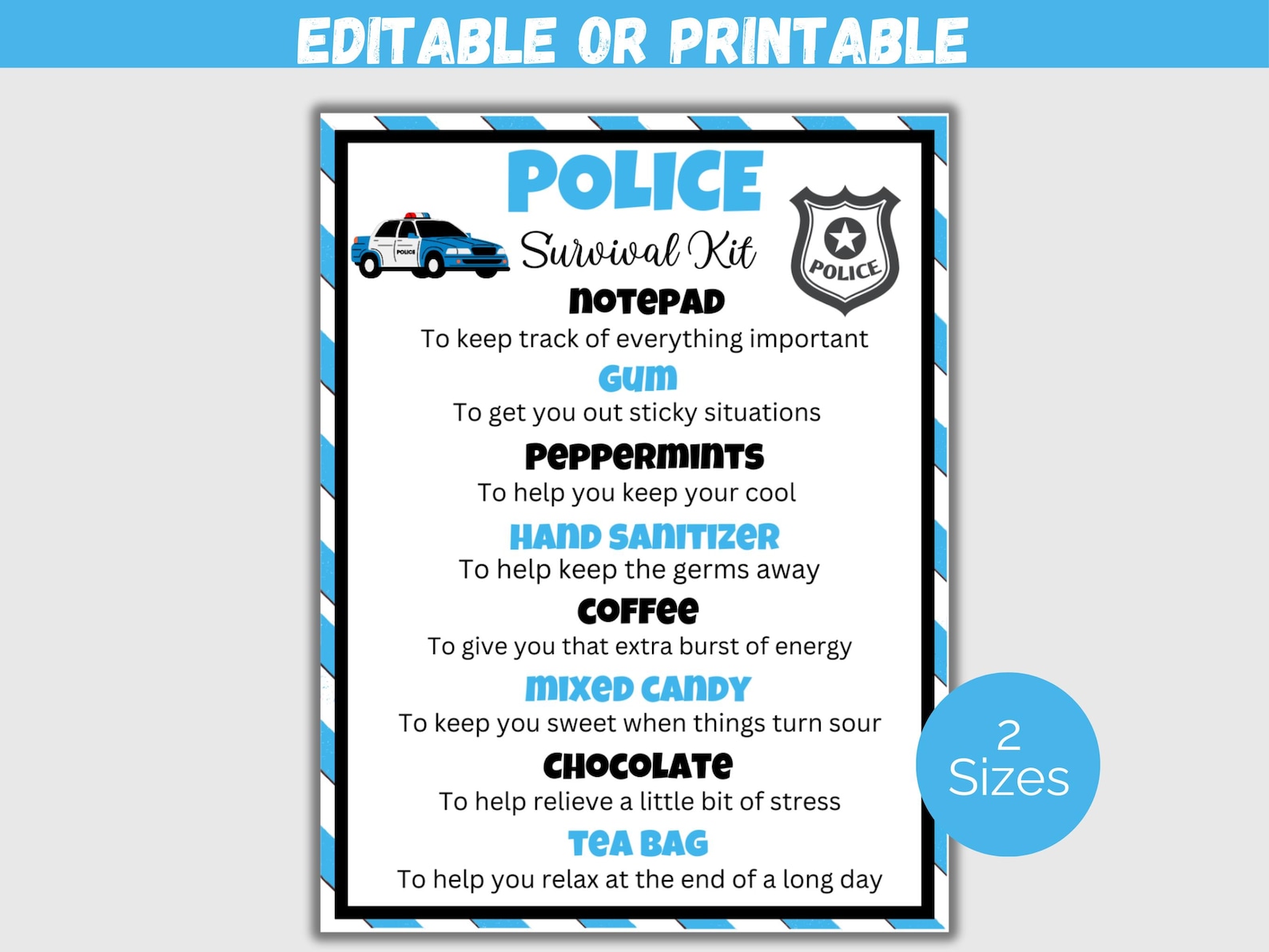 Editable Police Officer Survival Kit Gift Tags, Law Enforcement ...
