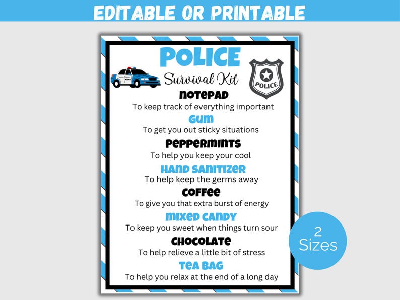 Editable Police Officer Survival Kit Gift Tags, Law Enforcement ...