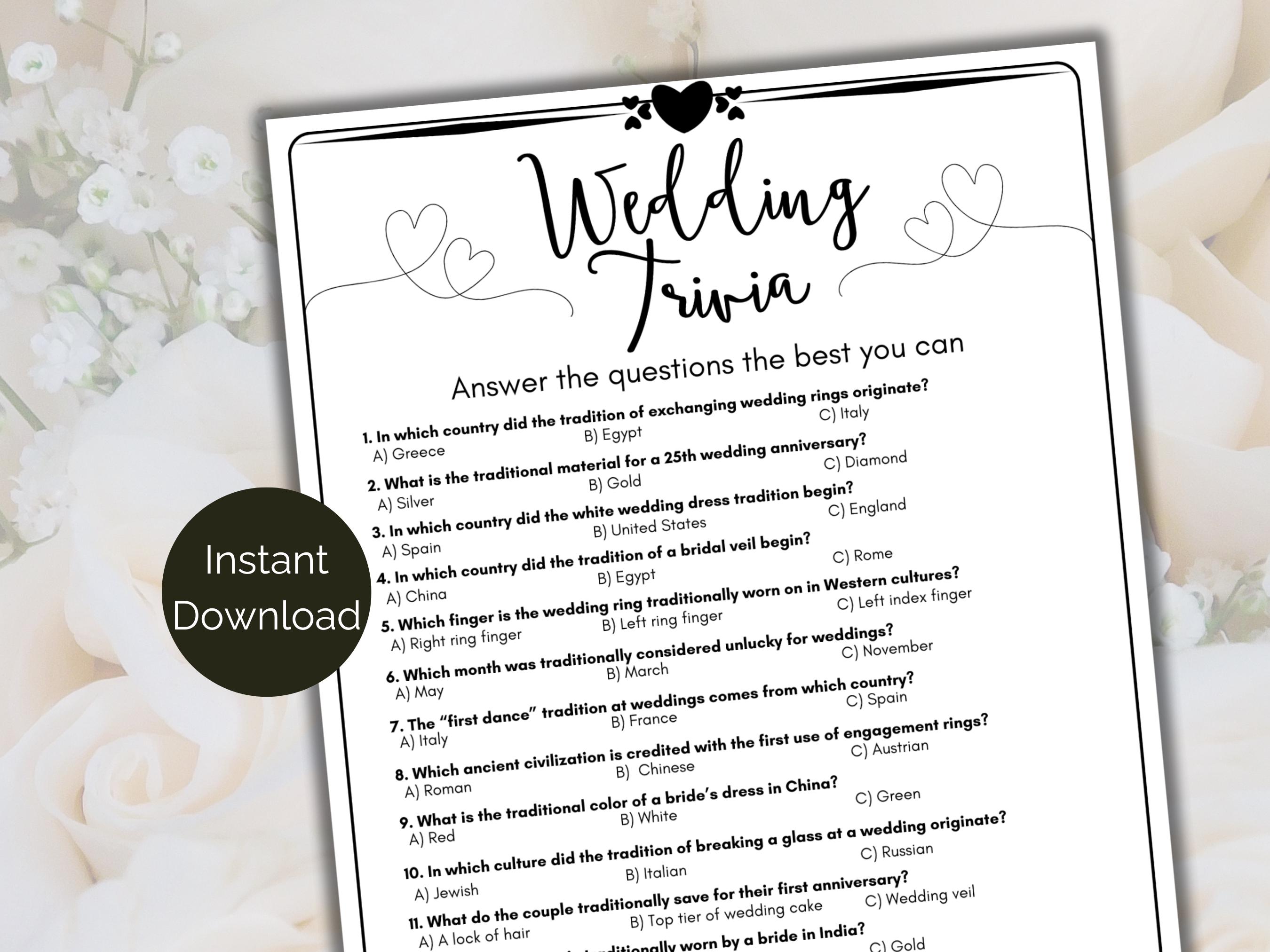 Wedding Trivia Game, Wedding Quiz, Wedding Party Game, Bridal Shower ...