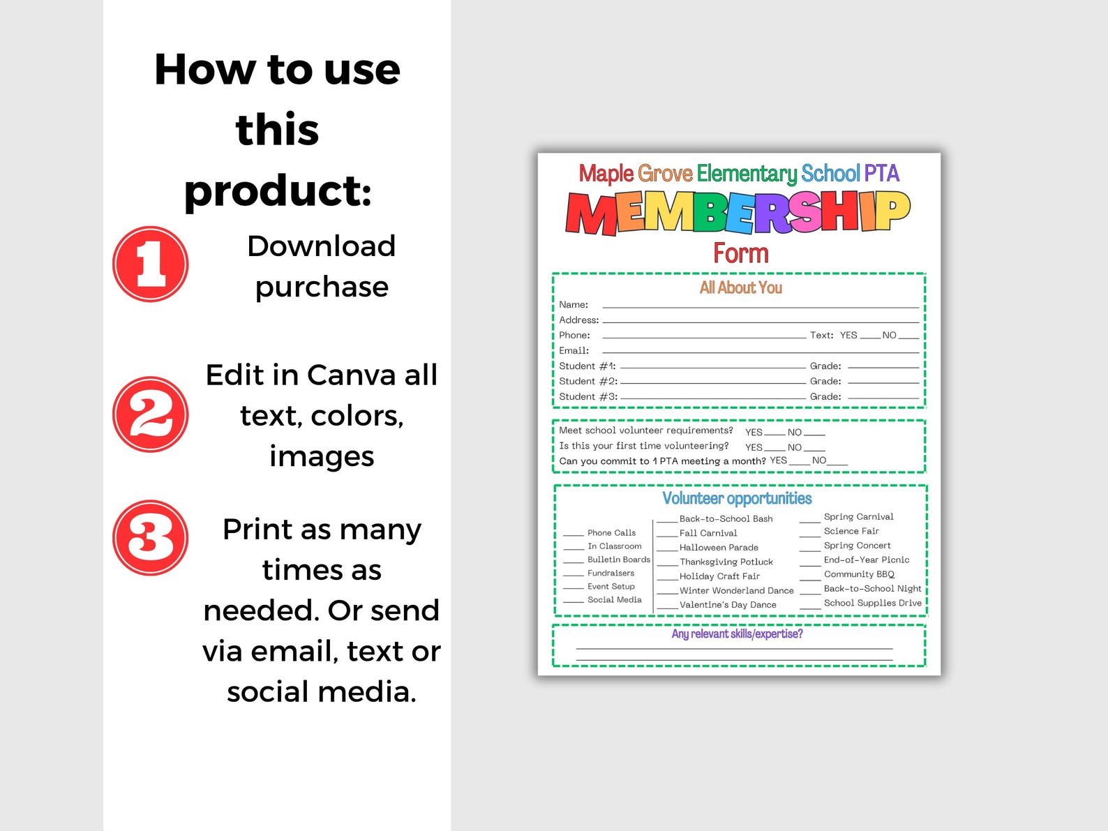 EDITABLE PTA PTO Membership Form Template, Pta Parent Volunteer Sign up ...