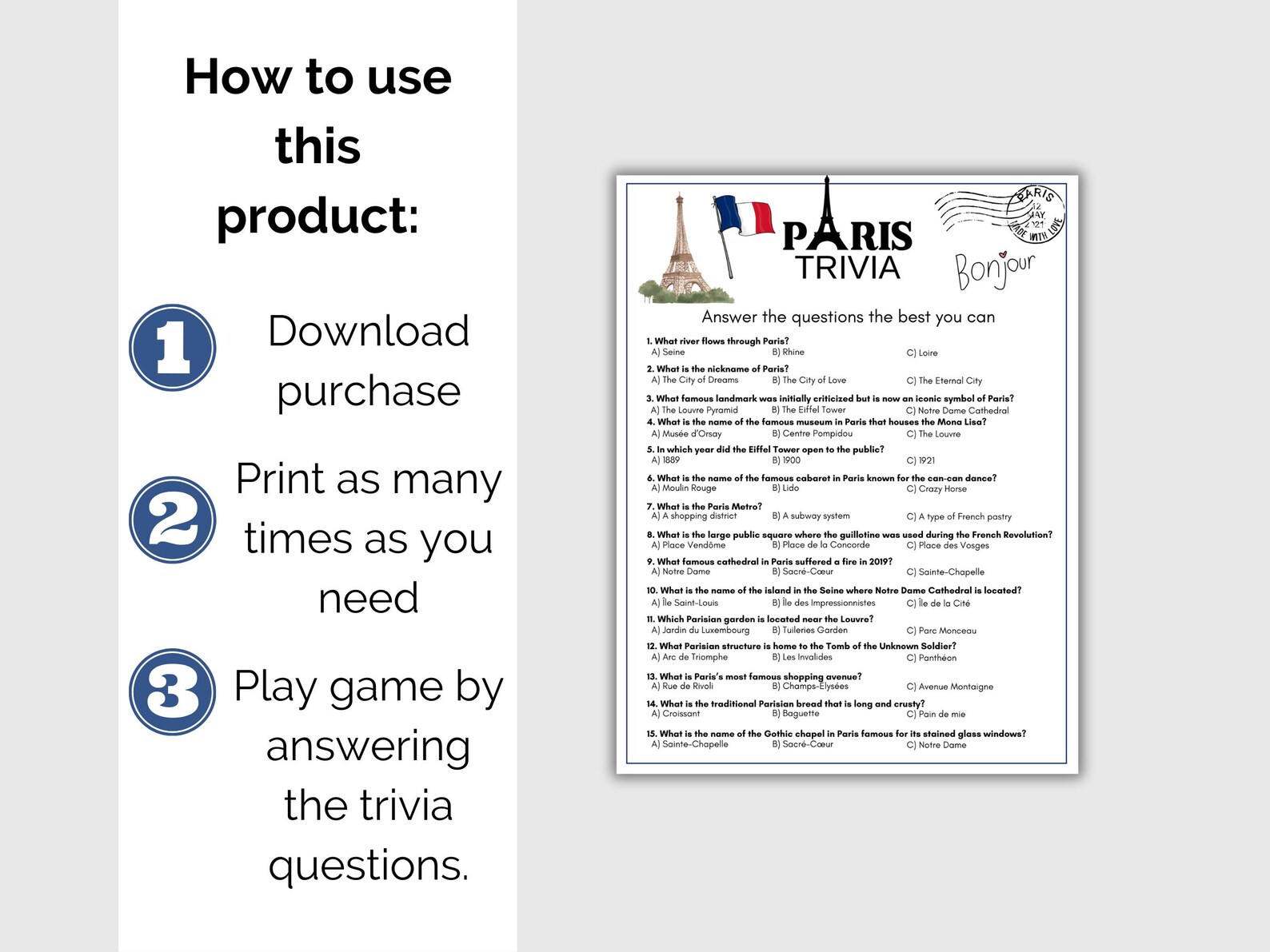 Paris Trivia Game, Paris Quiz, Printable Paris Game for Kids and Adults ...