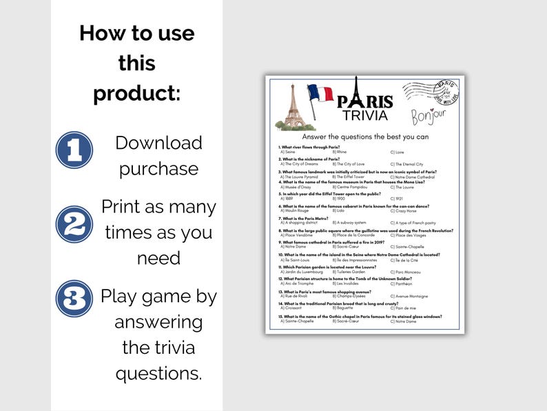 Paris Trivia Game, Paris Quiz, Printable Paris Game for Kids and Adults ...