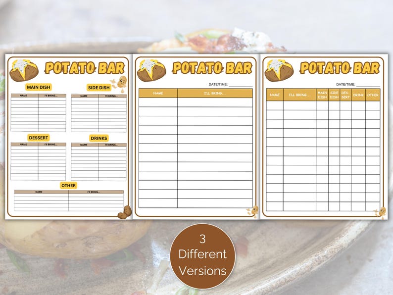 Baked Potato Potluck Sign up Sheet, Printable Baked Potato Potluck ...