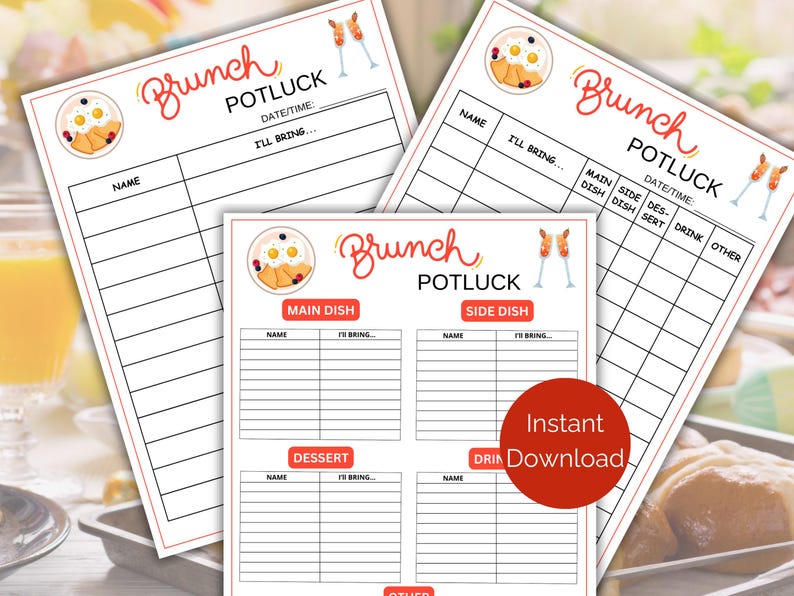 Brunch Potluck Sign up Sheet, Printable Brunch Party Potluck Sign up ...