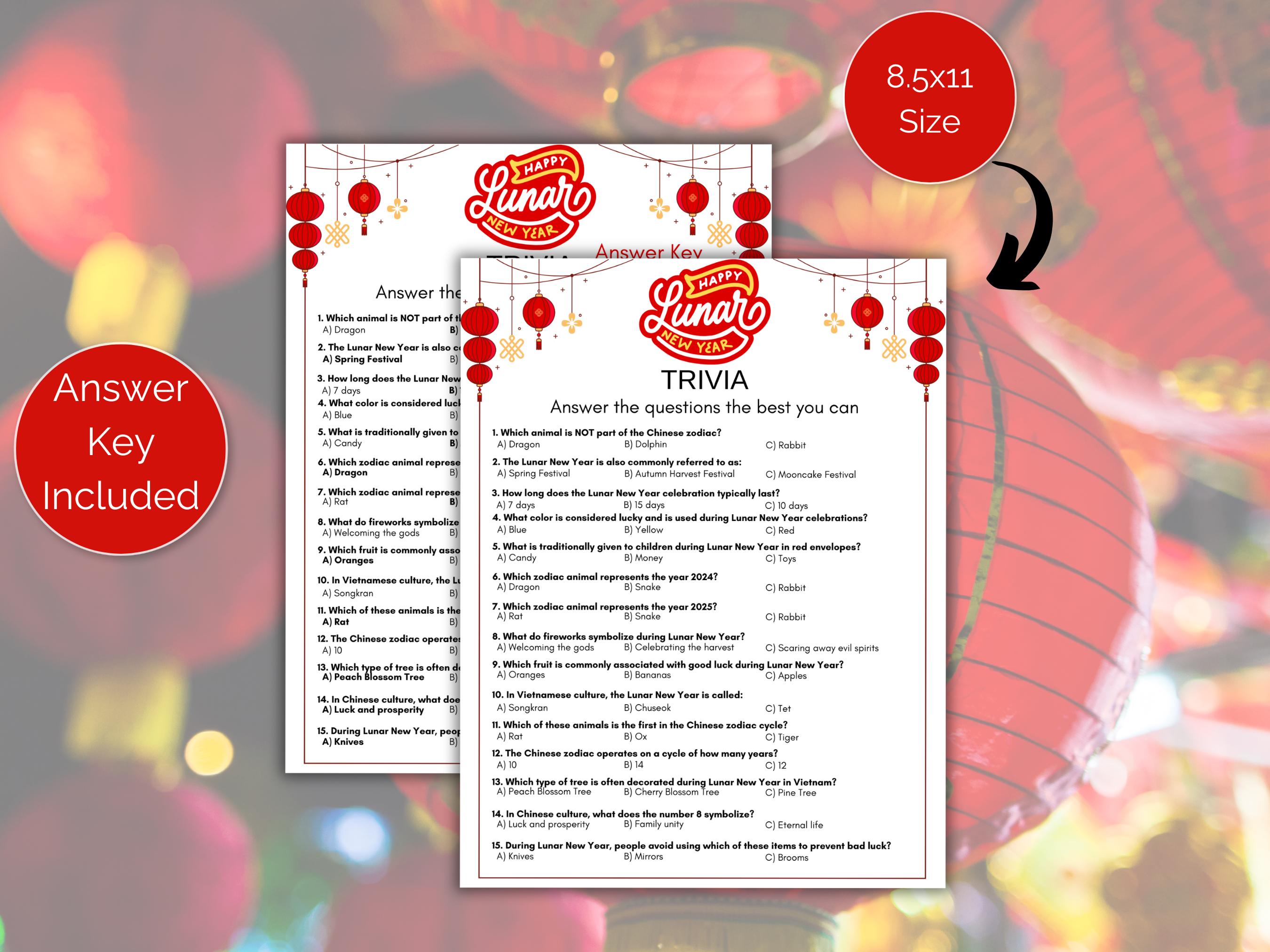 Lunar New Year Trivia Game, Lunar New Year Quiz, Printable Chinese New ...