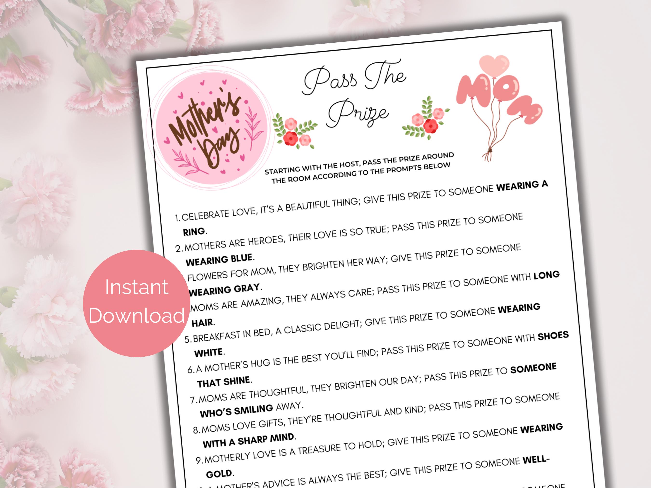 Mothers Day Pass the Prize, Printable Mom Pass the Parcel Game, Mothers ...