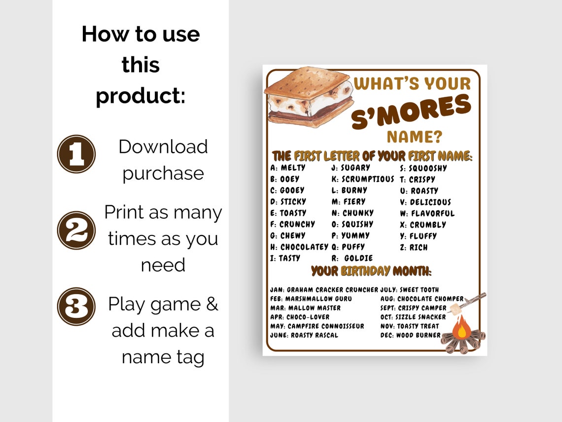 What's Your S'mores Name Game + Name Tags, S'mores Birthday Party ...