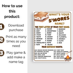 What's Your S'mores Name Game + Name Tags, S'mores Birthday Party ...