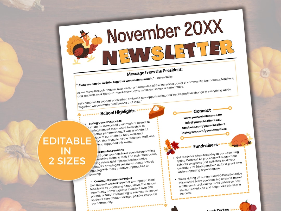 EDITABLE November PTO PTA Newsletter Template, Monthly Classroom ...