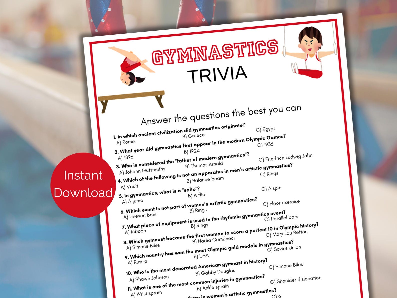 Gymnastics Trivia Game, Gymnastics Quiz, Printable Gymnastics Trivia ...