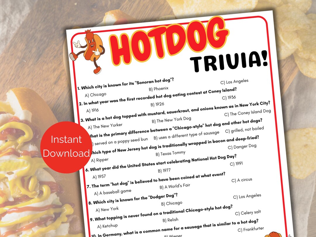 Hot Dog Trivia Game, Hot Dog Quiz, Printable Hot Dog Game for Kids and ...