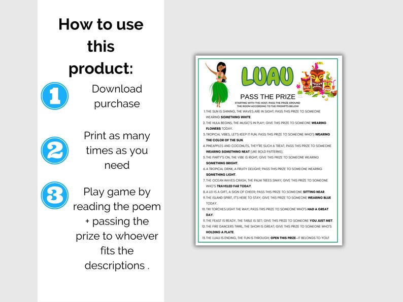 Luau Pass the Prize, Printable Luau Pass the Parcel Game, Luau Party ...