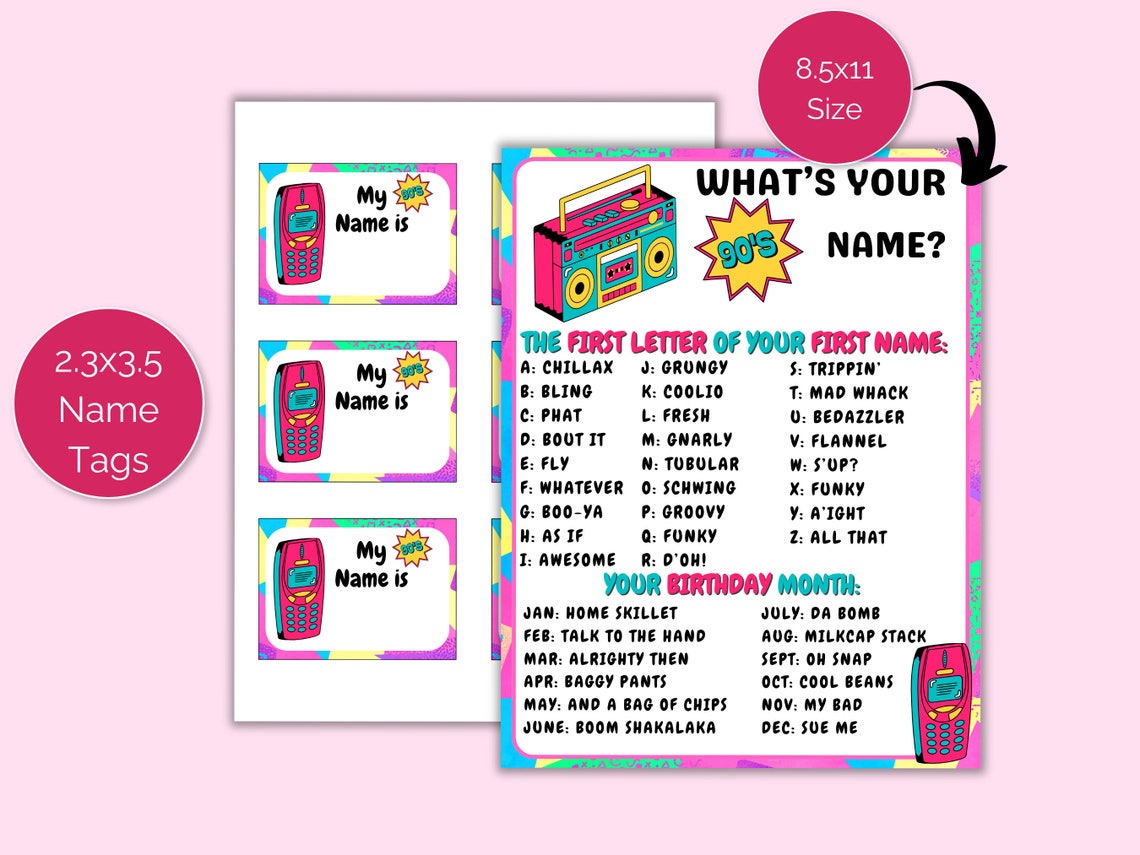 What's Your 90s Name Game + Name Tags, 90s Themed Birthday Game, 1990s ...