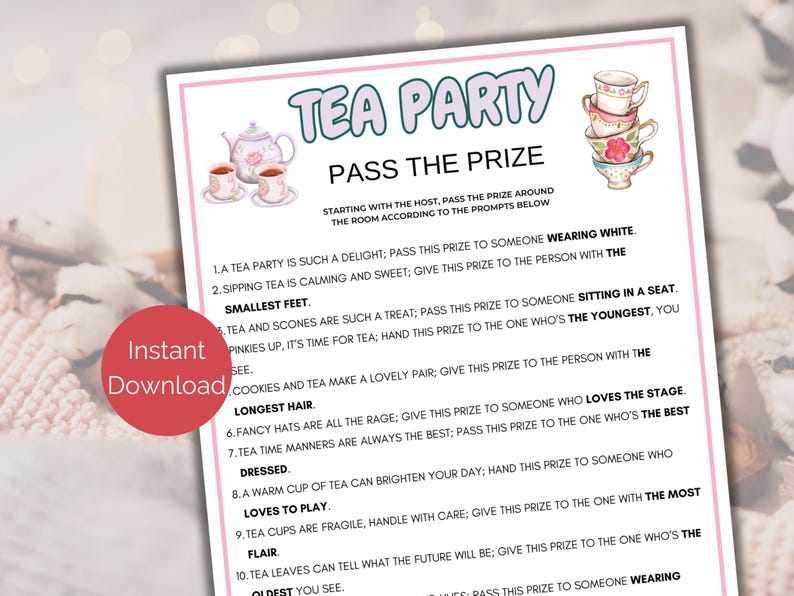 Tea Party Pass the Prize, Printable Tea Party Pass the Parcel Game, Tea ...