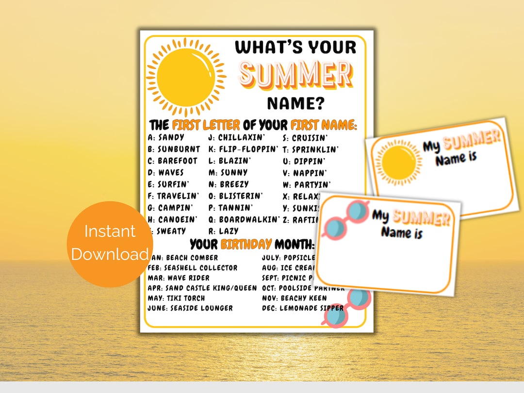 What's Your Summer Name Game + Name Tags, Summer Party Game, Last Day ...