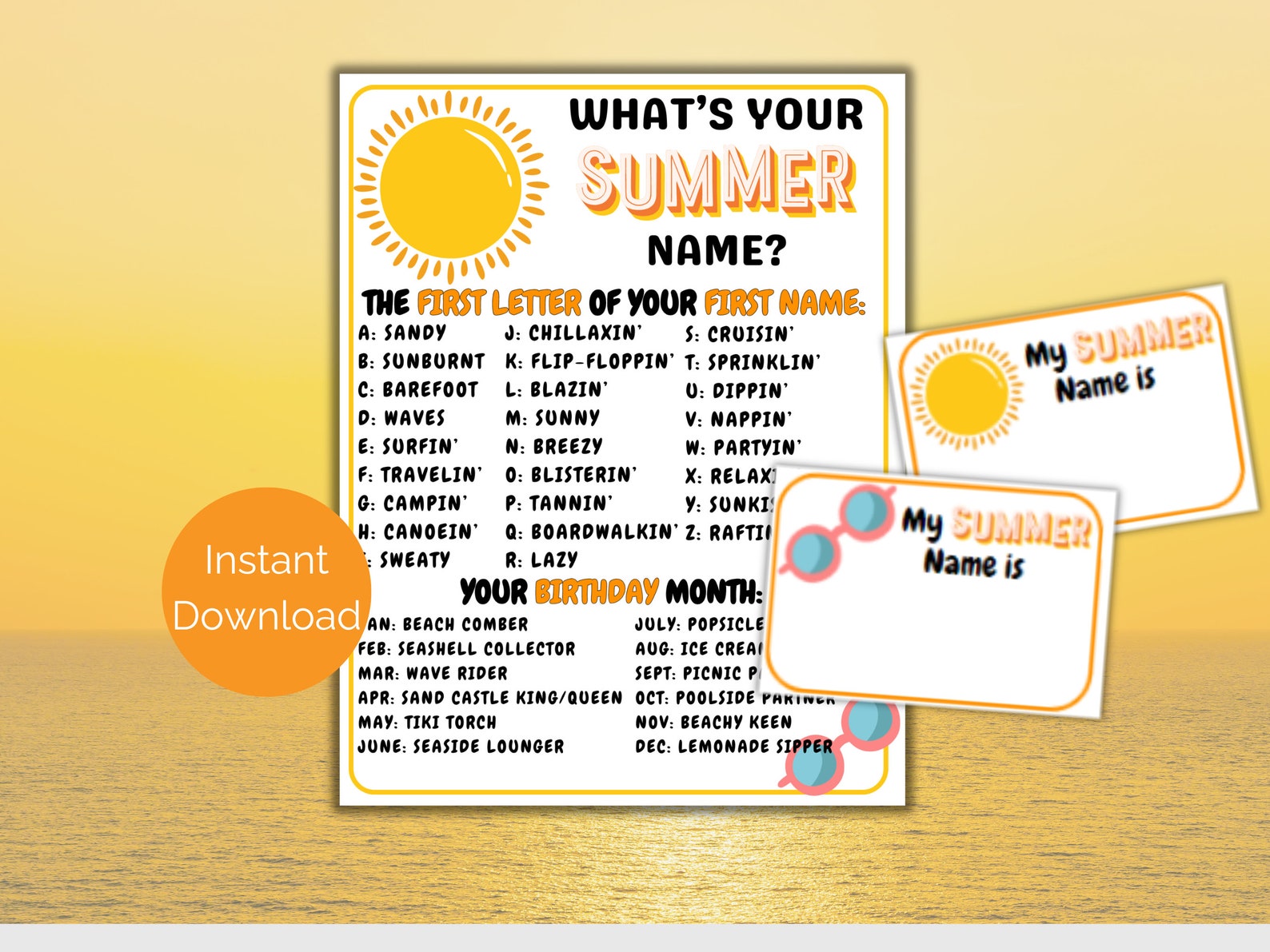 What's Your Summer Name Game + Name Tags, Summer Party Game, Last Day ...