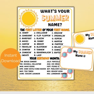 What's Your Summer Name Game + Name Tags, Summer Party Game, Last Day ...