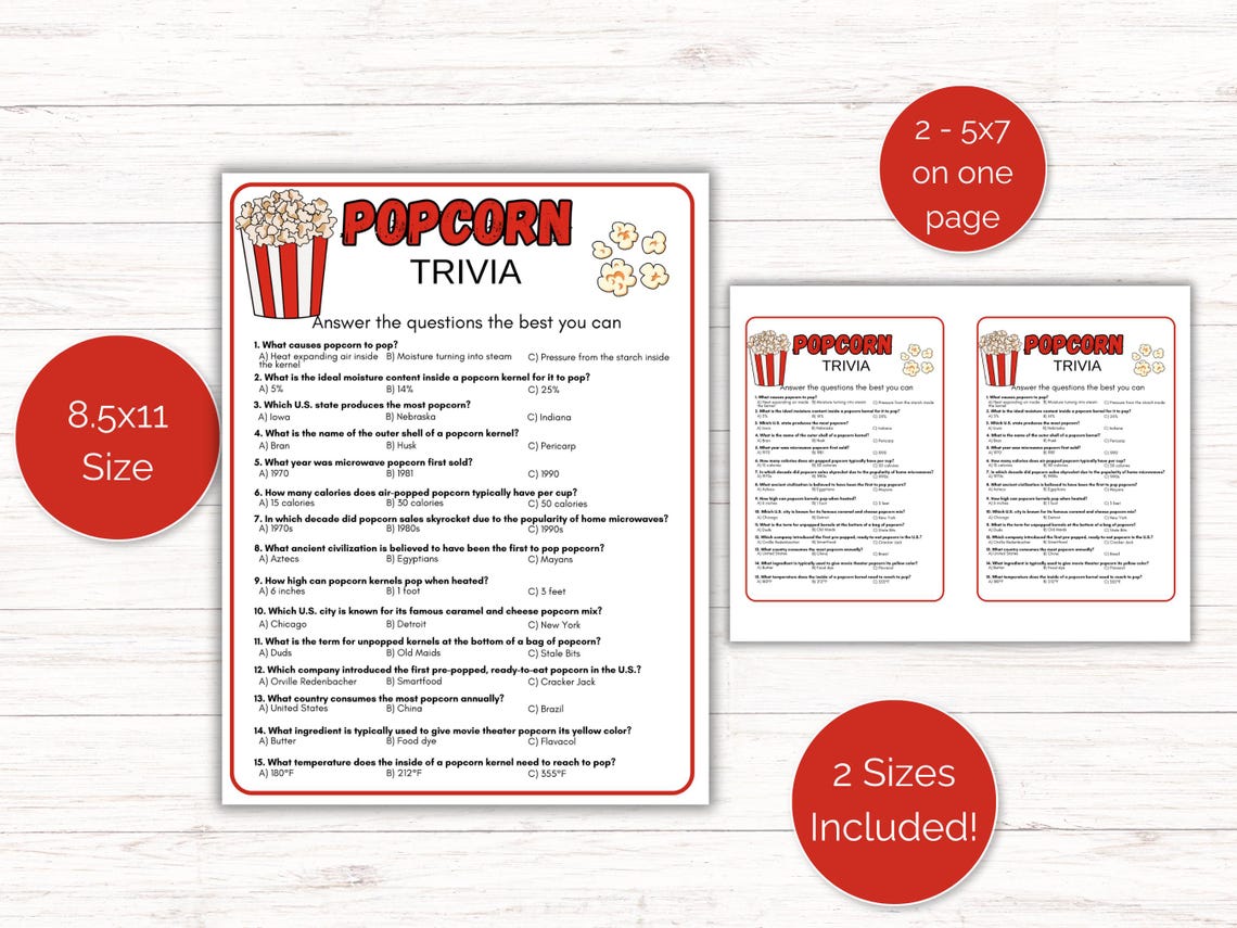 Popcorn Trivia Game, Popcorn Quiz, Printable Popcorn Game for Kids and ...