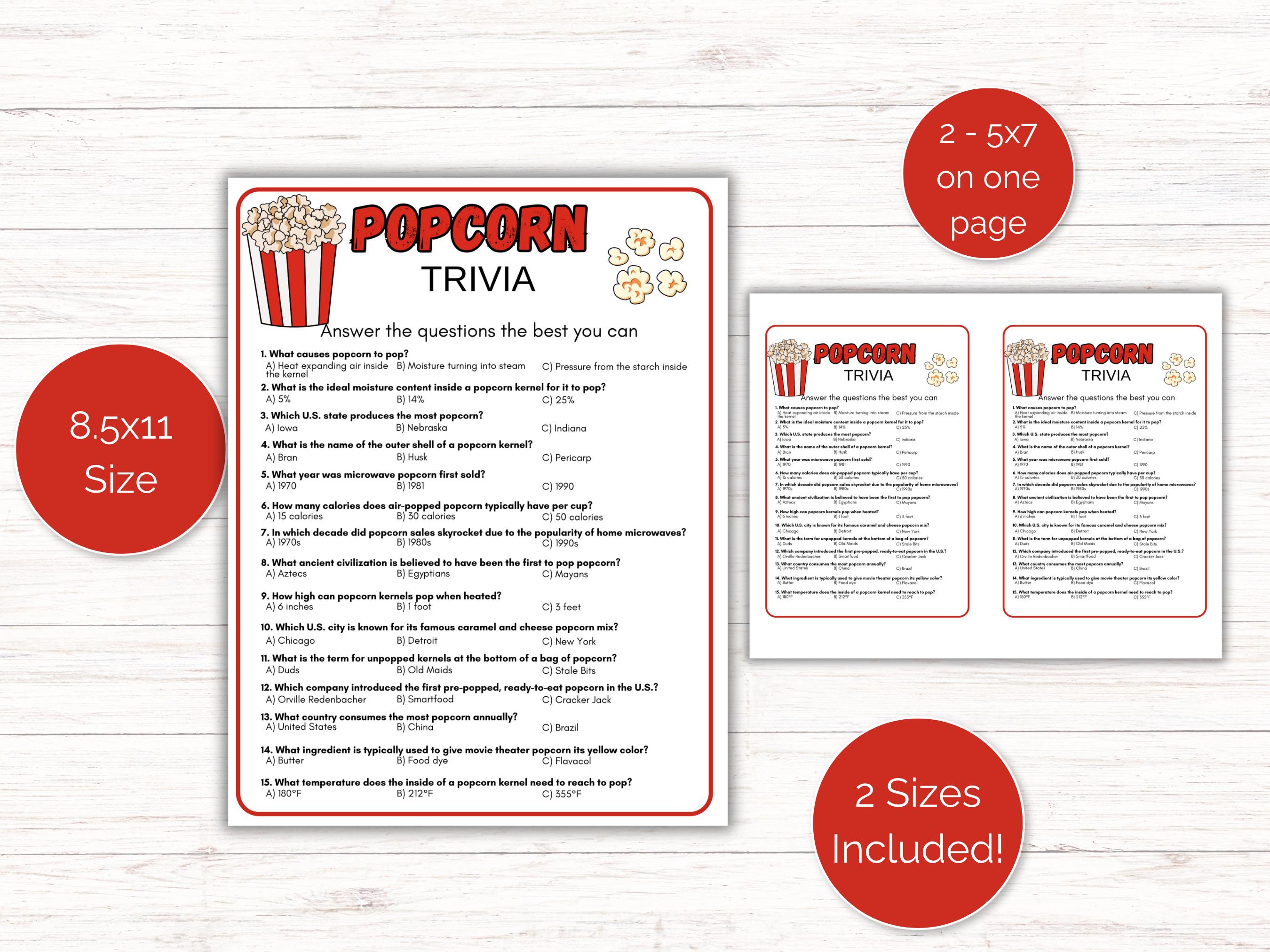 Popcorn Trivia Game, Popcorn Quiz, Printable Popcorn Game for Kids and ...