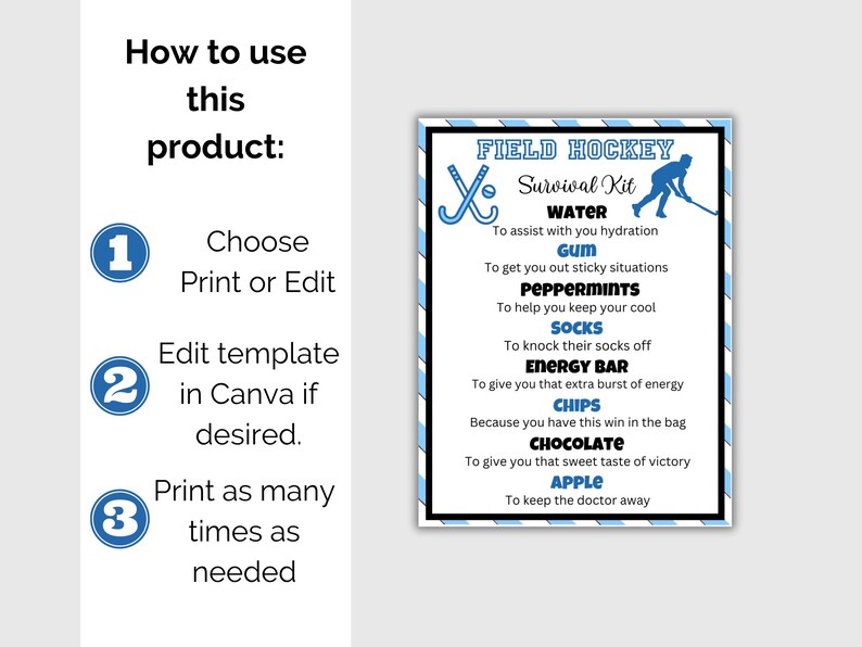 Editable Field Hockey Survival Kit Gift Tag Template, Hockey Player ...