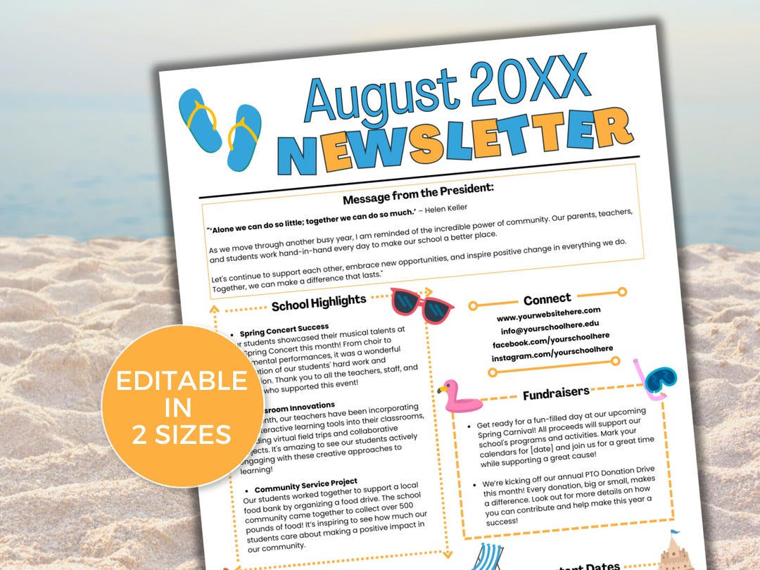 EDITABLE August PTO PTA Newsletter Template, Monthly Classroom August ...